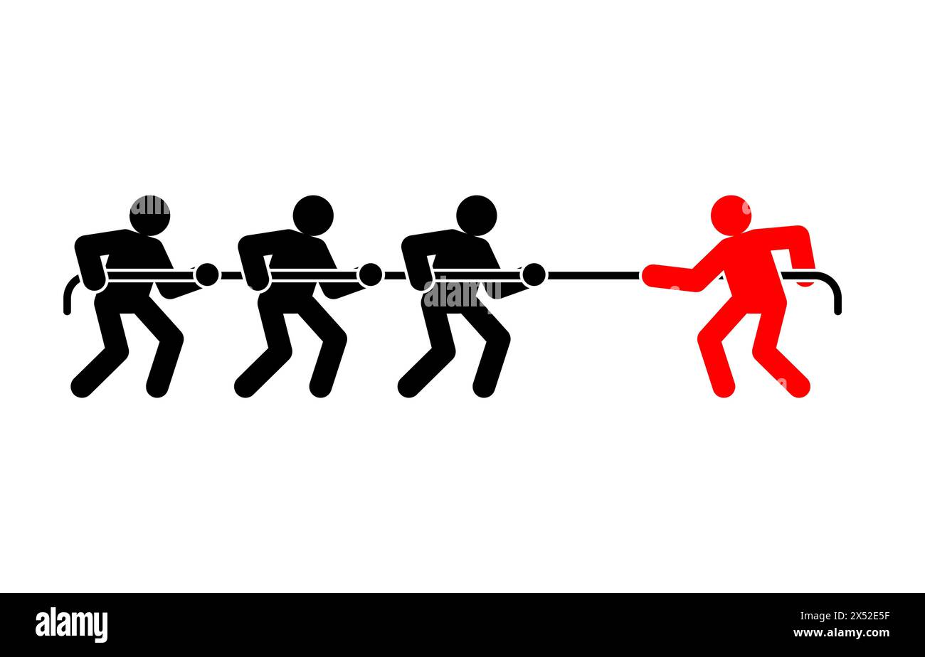 One is stronger than team. Tug of war sign. People are pulling rope ...