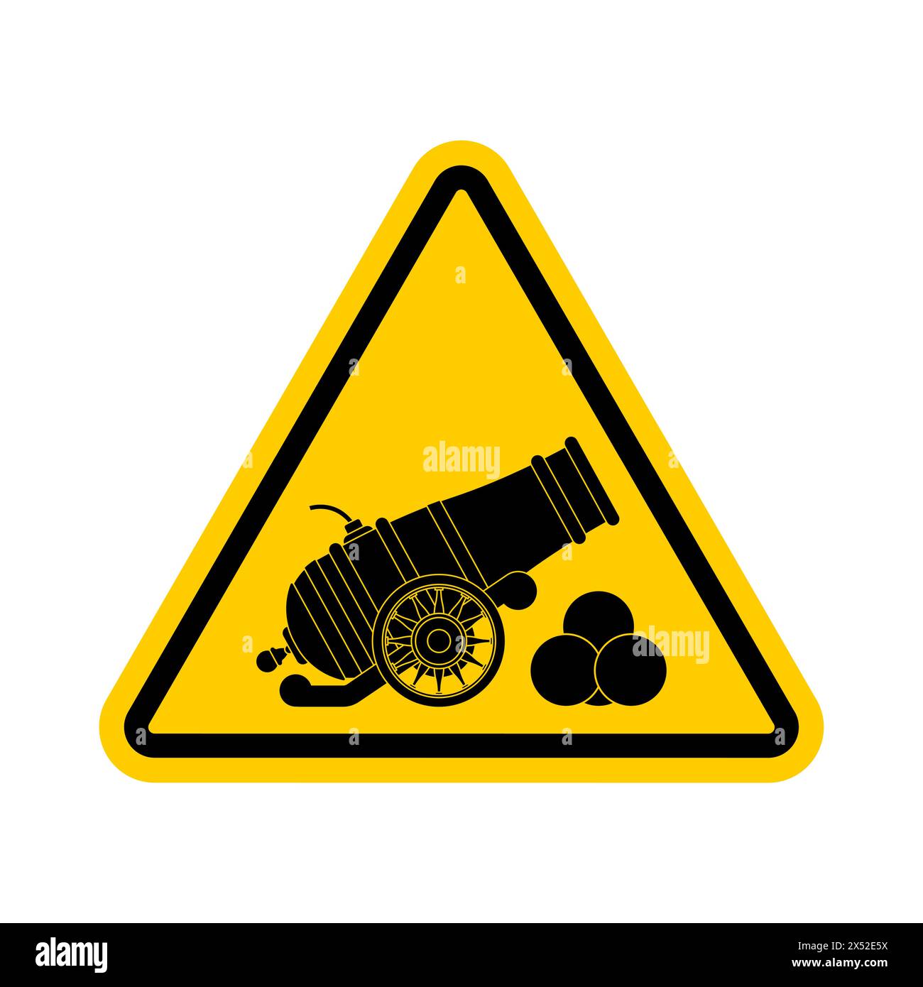 Attention Ancient cannon. Caution cannon with gun carriag. Triangular ...