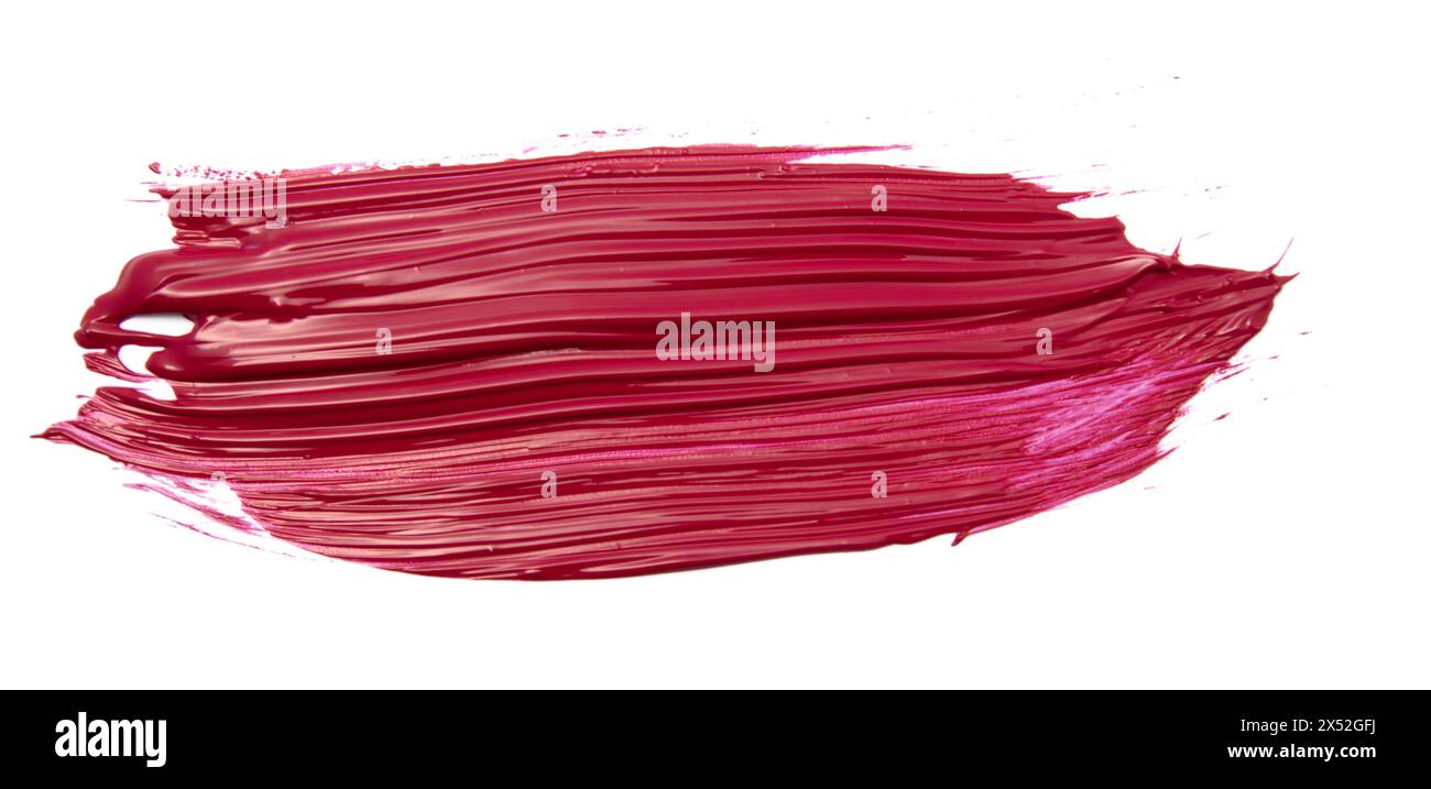 Bright, textured swoosh of crimson acrylic paint isolated on white ...