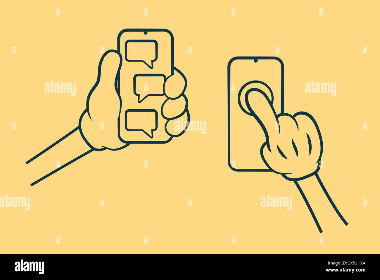 Mobile phone in the hands. Cartoon hands holding smartphone and taping ...