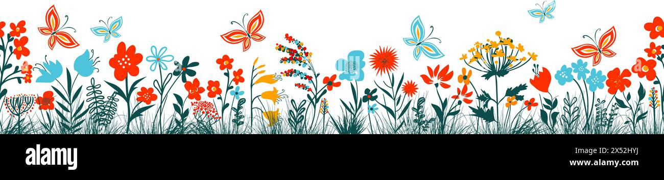 Horizontal grass headers seamless pattern. Cute simple flowers and ...