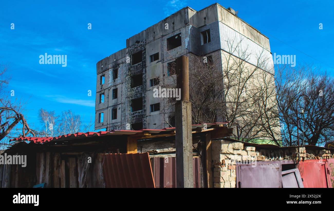 Facade of a building that burned down following artillery fire. Most ...