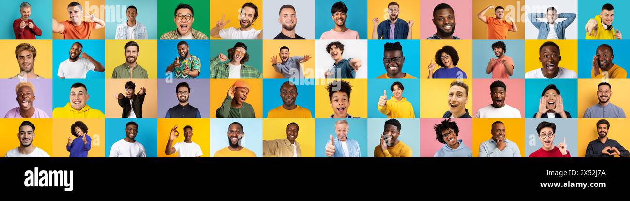 Joyful multiracial men faces on multicolor panels, creative collage ...