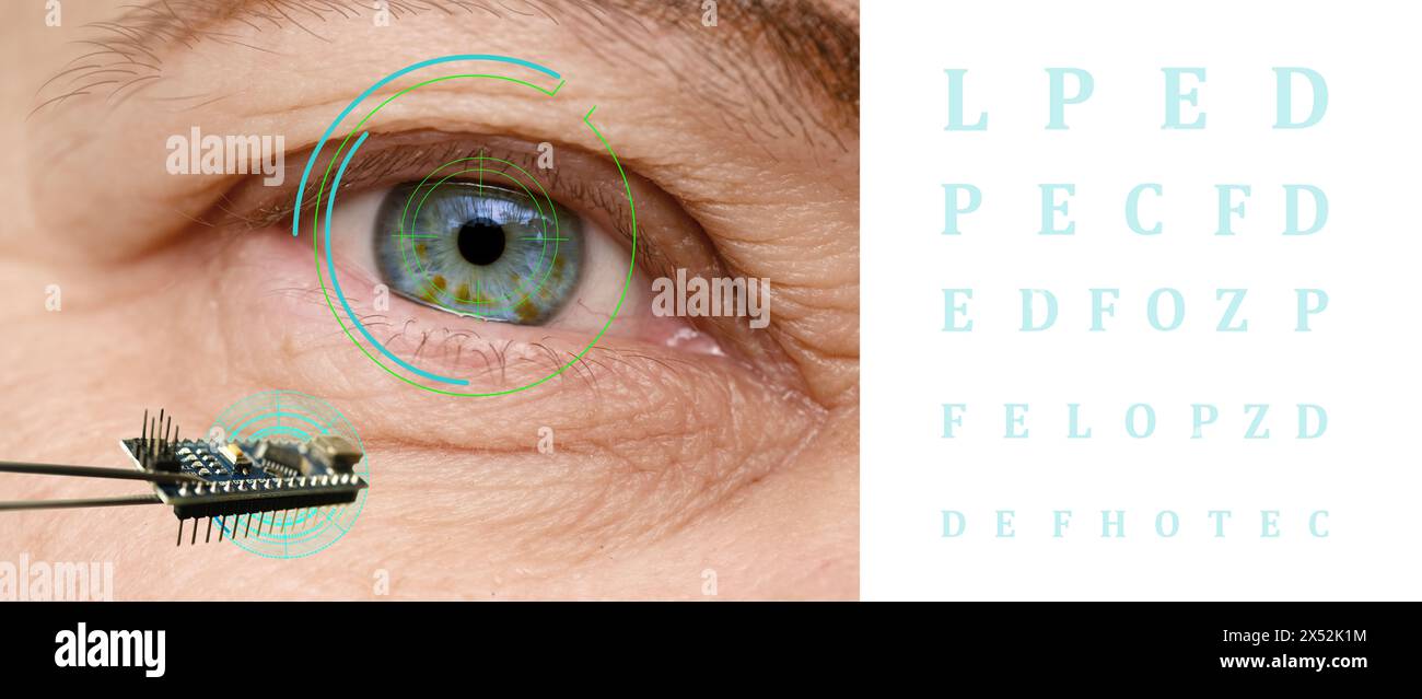 female eye close-up, Chart Test table with letters for eye examination ...