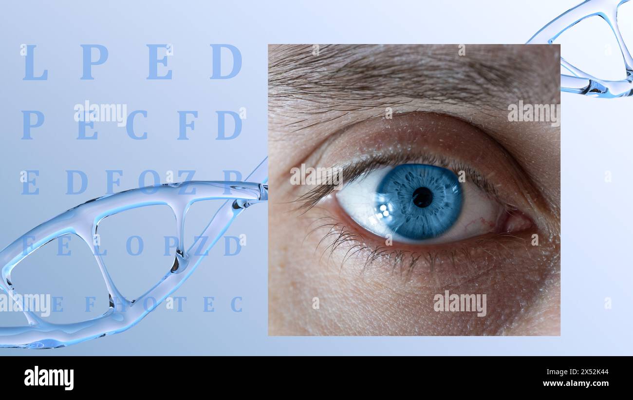 male eye close-up, Chart Test table with letters for eye examination ...