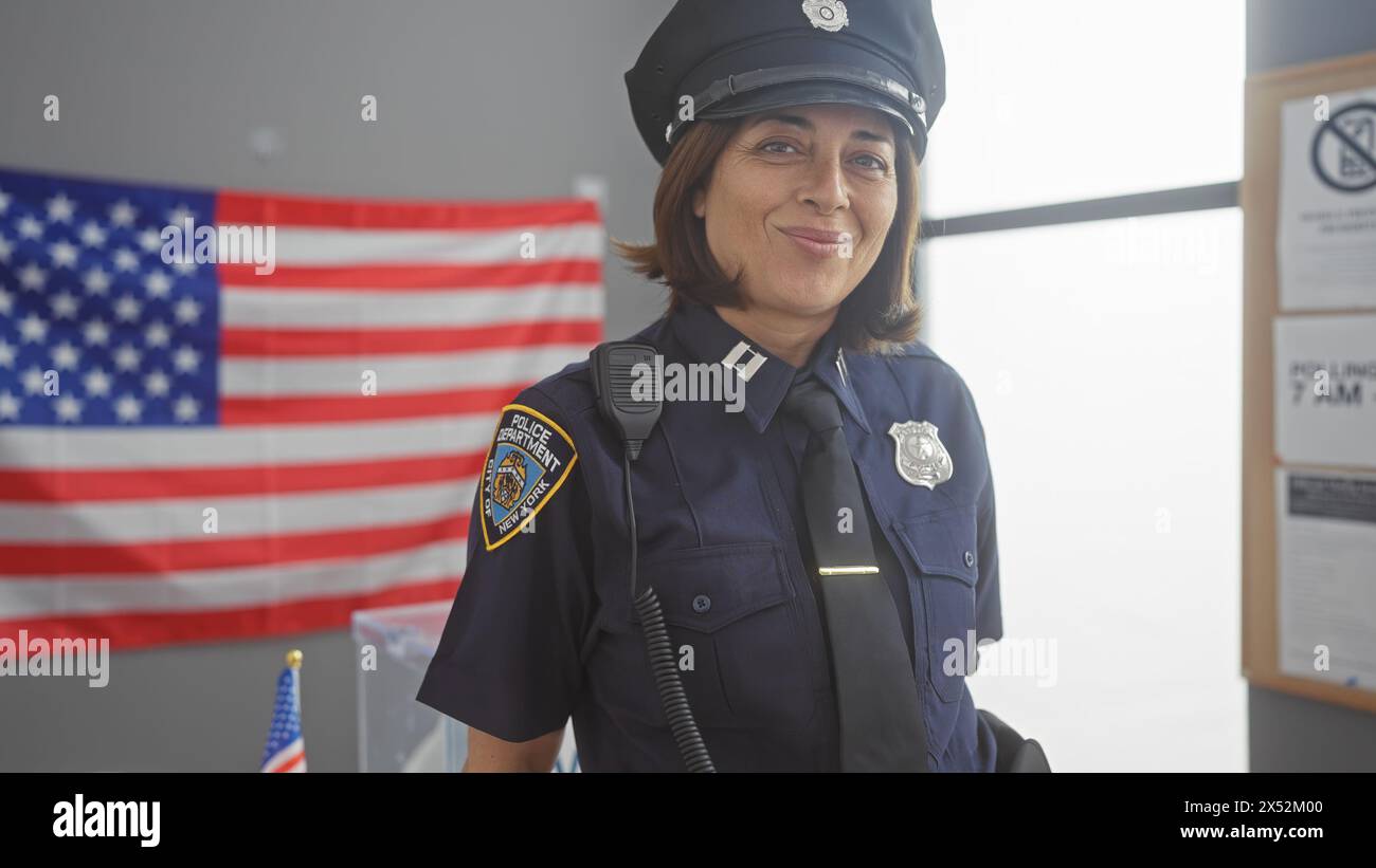 A smiling hispanic policewoman in uniform stands before an american ...