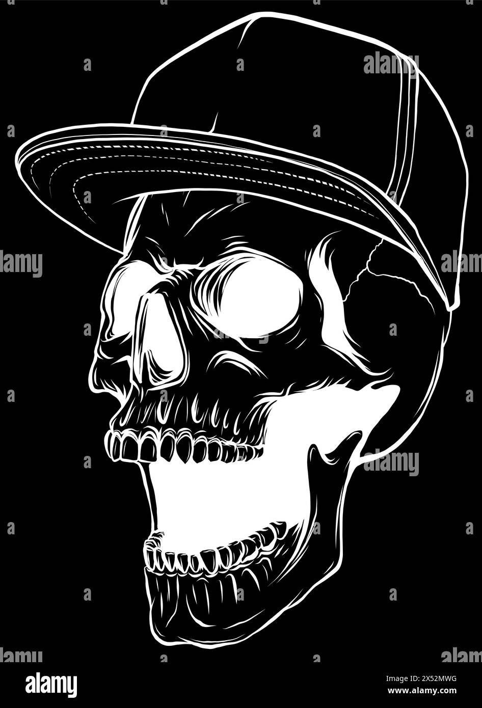 white silhouette of human skull with hat on black background. vector ...