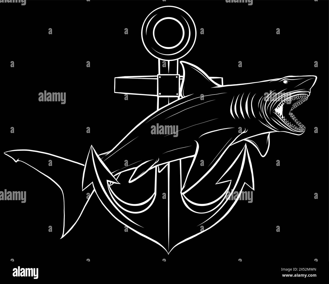white silhouette of white shark with anchor on black background. vector ...