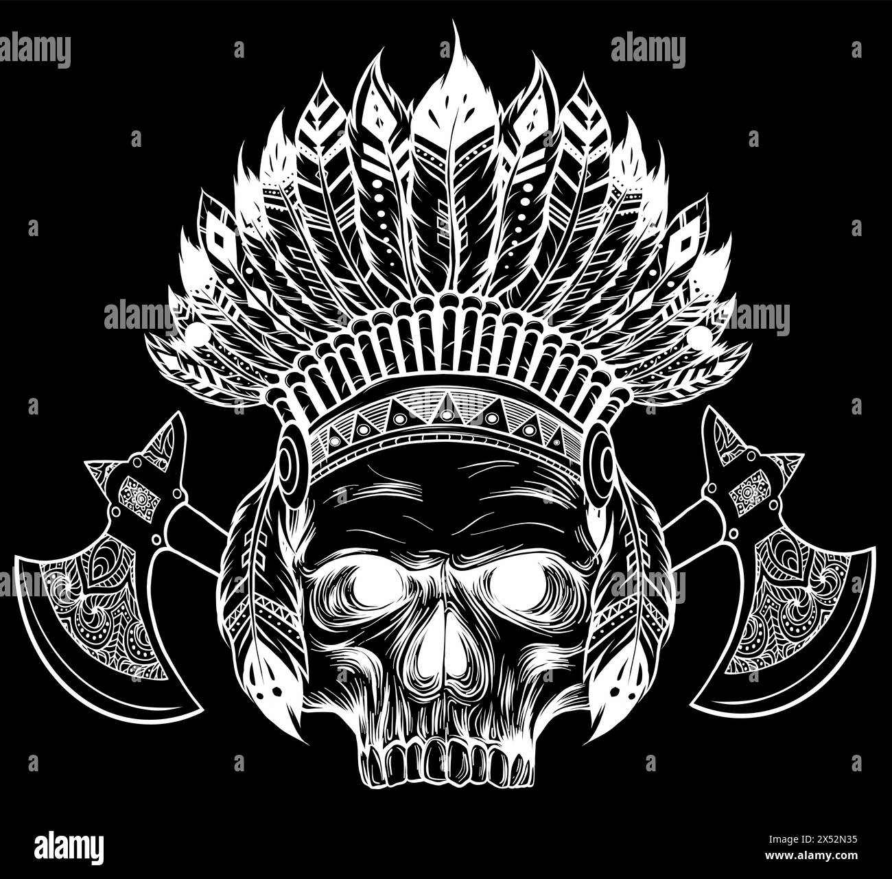 white silhouette of Indian skull and cross ax on black background Stock ...