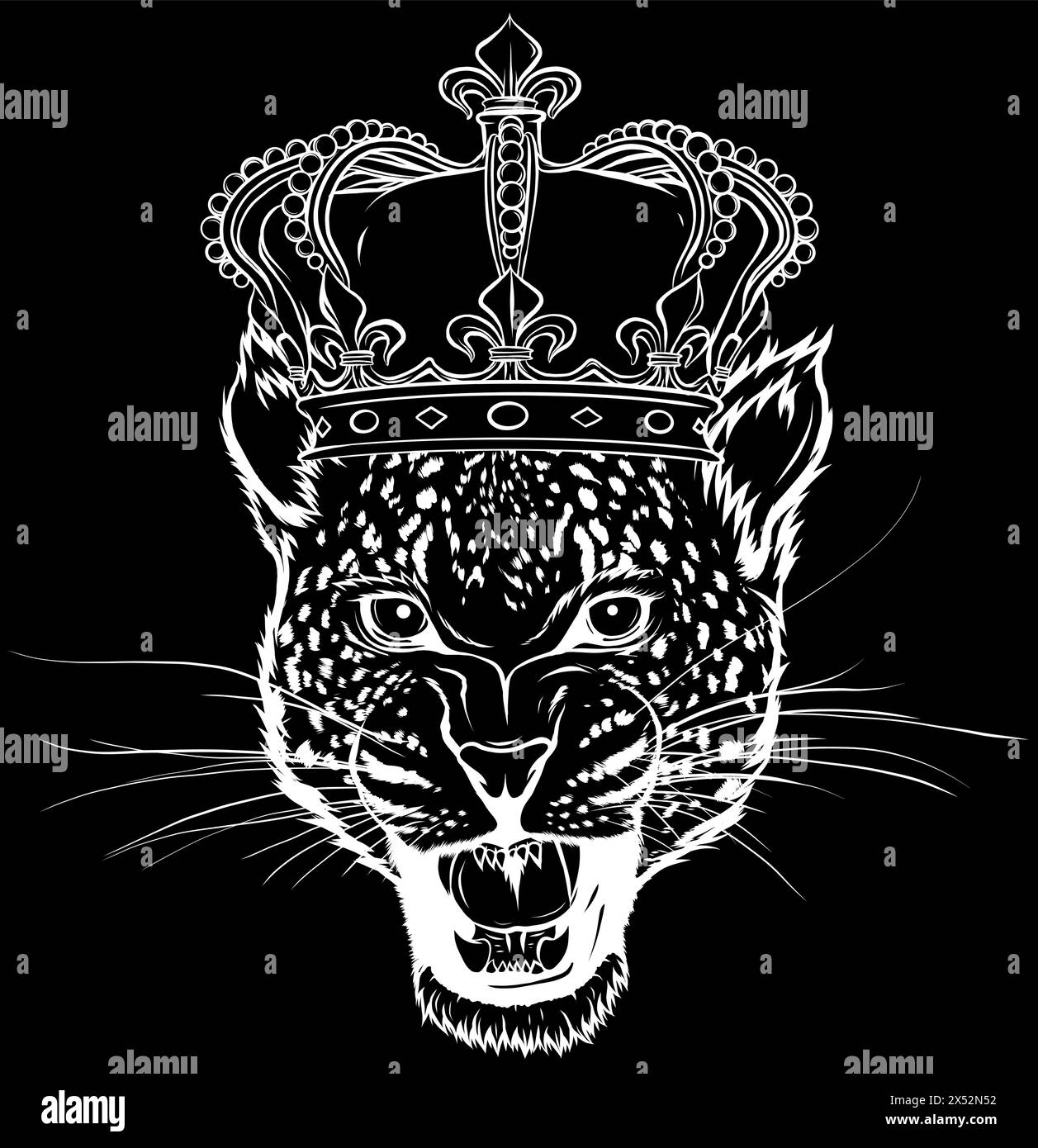 white silhouette of Leopard Head with crown on black background Stock ...