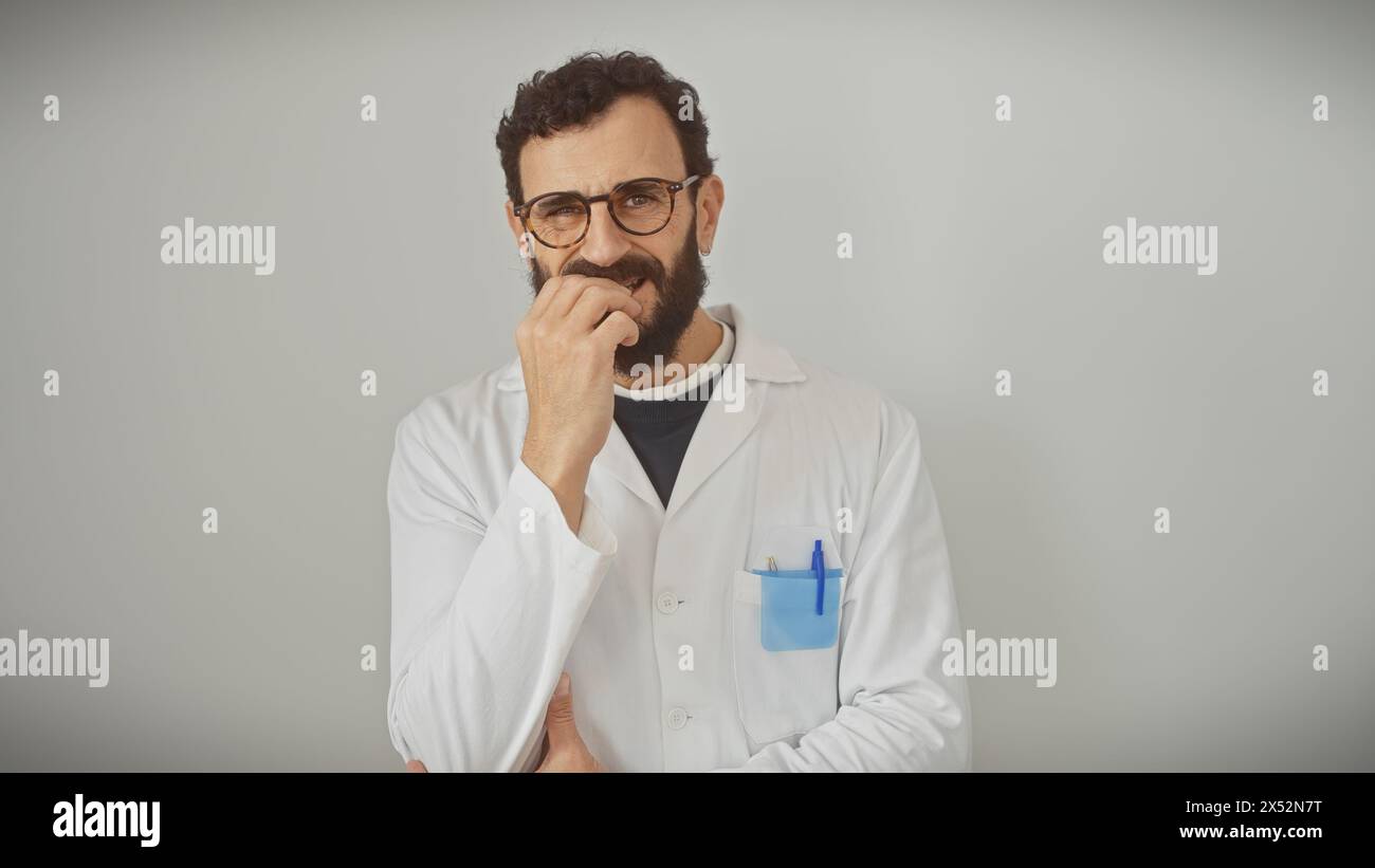 Pensive bearded man in white lab coat with glasses standing against a ...