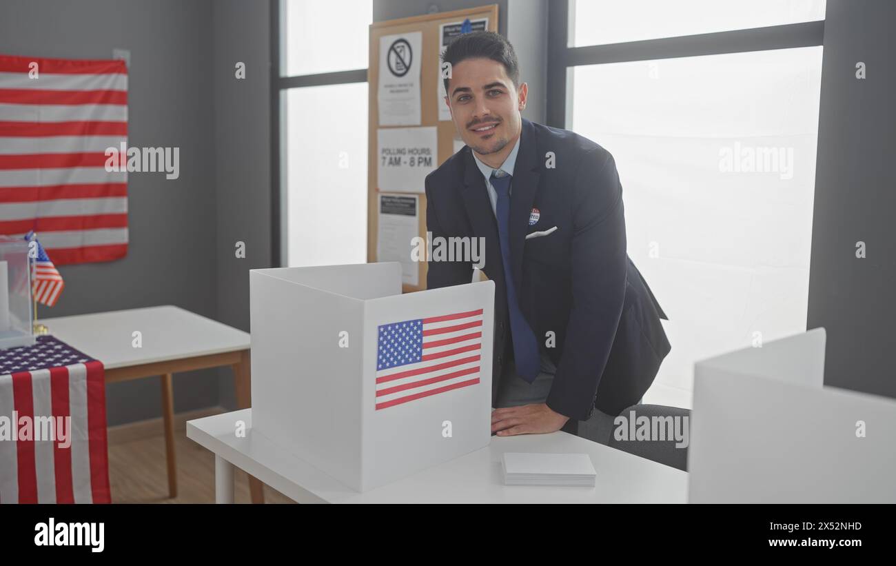 A handsome hispanic man wearing a suit smiles confidently inside a ...