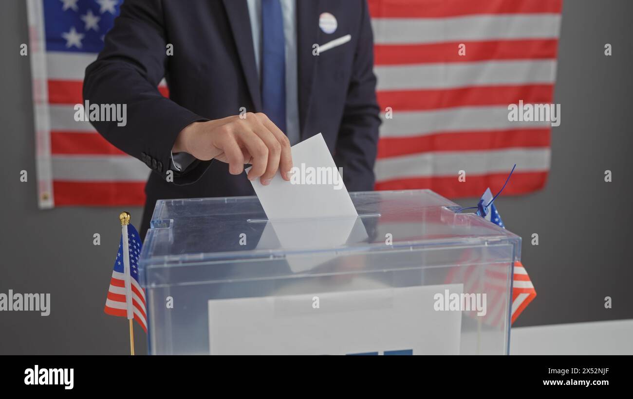 Young hispanic man in suit voting at american electoral college with us ...