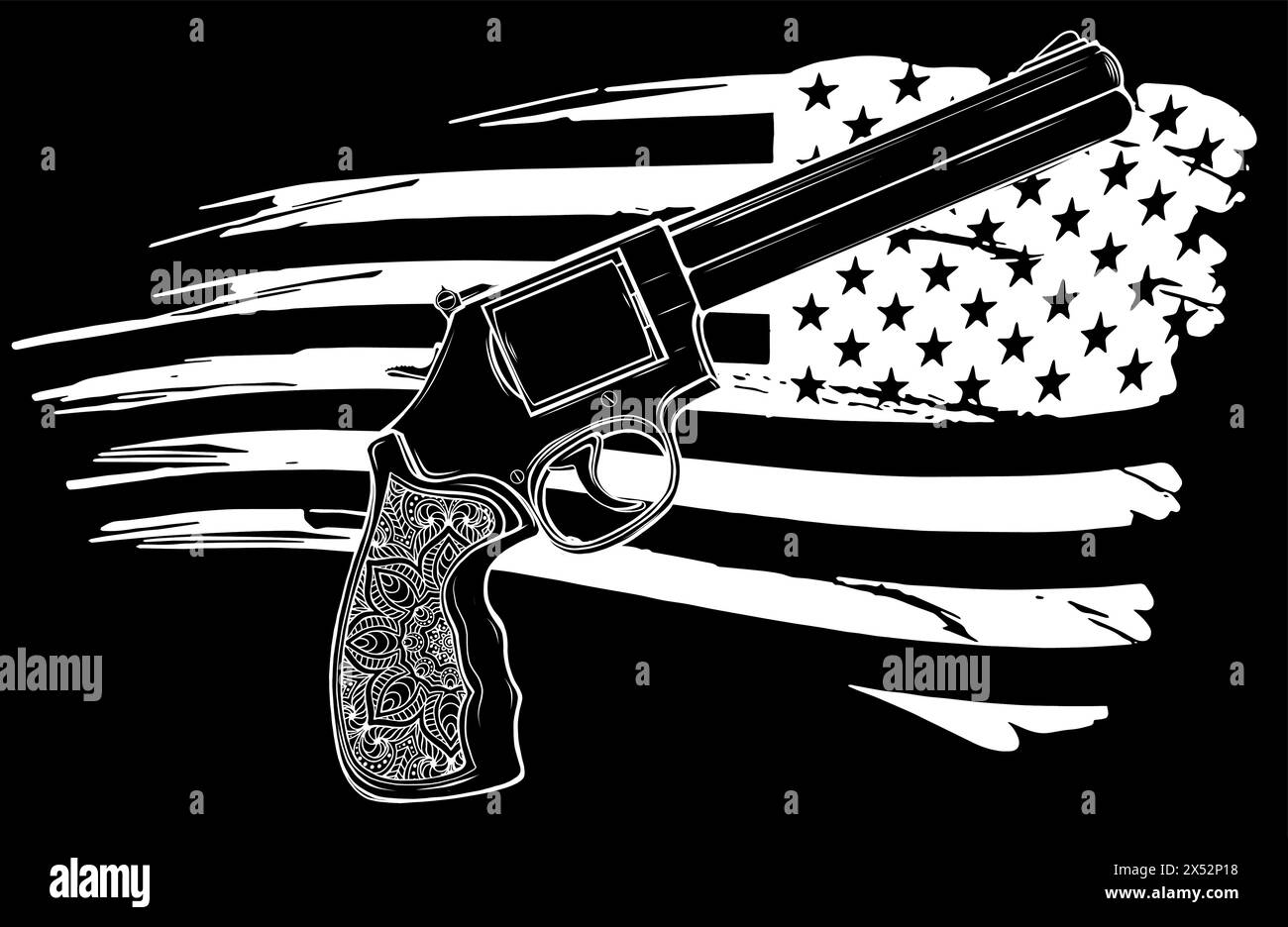 white silhouette of Big Revolver with USA flag. Vector Illustration ...