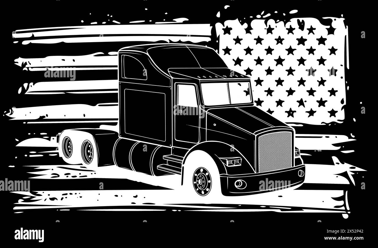 white silhouette of Classic Truck with usa flag on black background ...