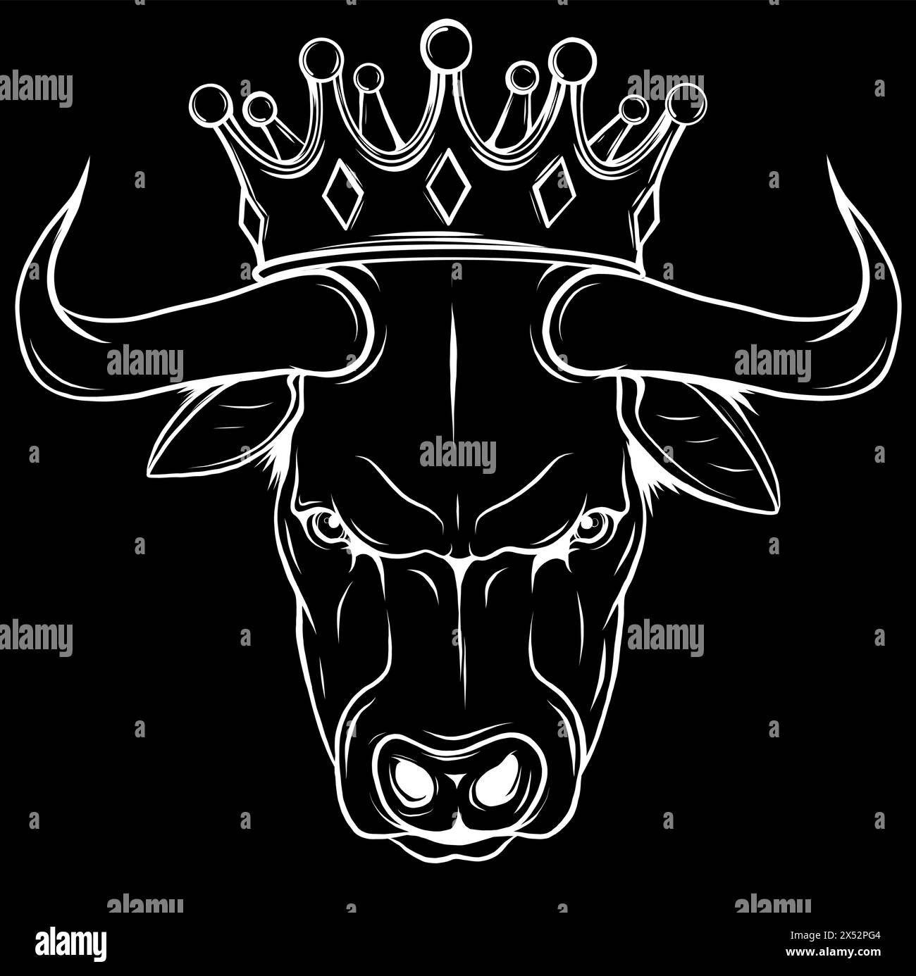 white silhouette of head of a bull with a crown on black background ...