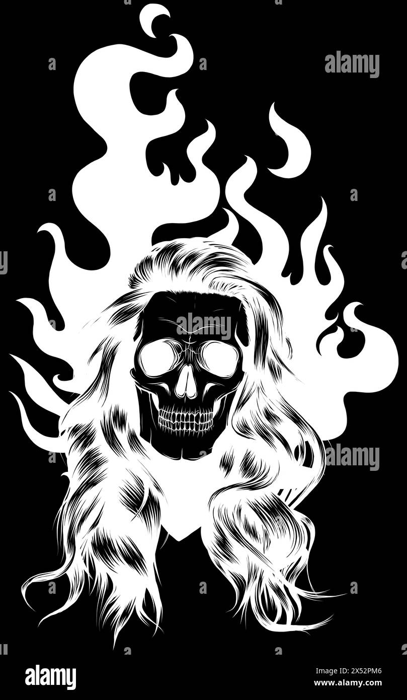 white silhouette of Skull on Fire with Flames on black background ...