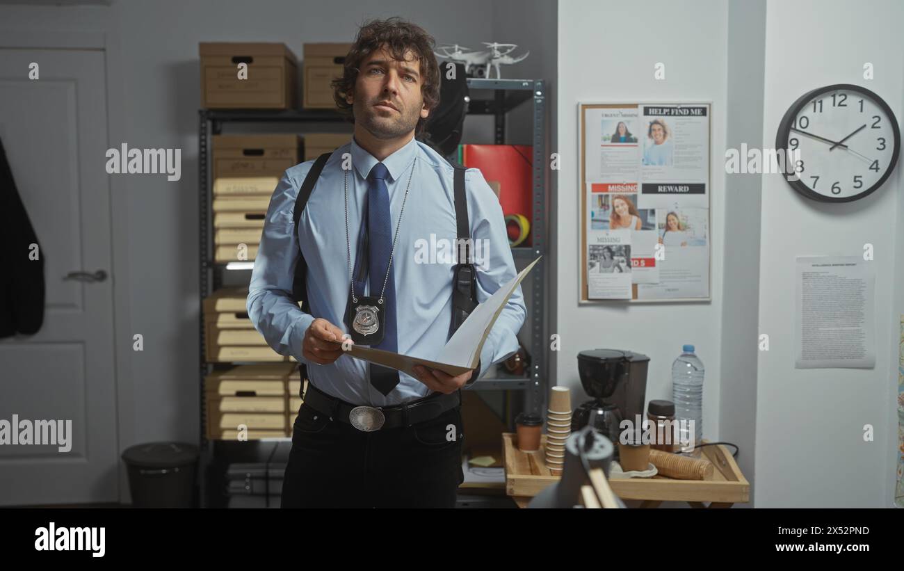 Hispanic detective man holding files in a police station with missing ...