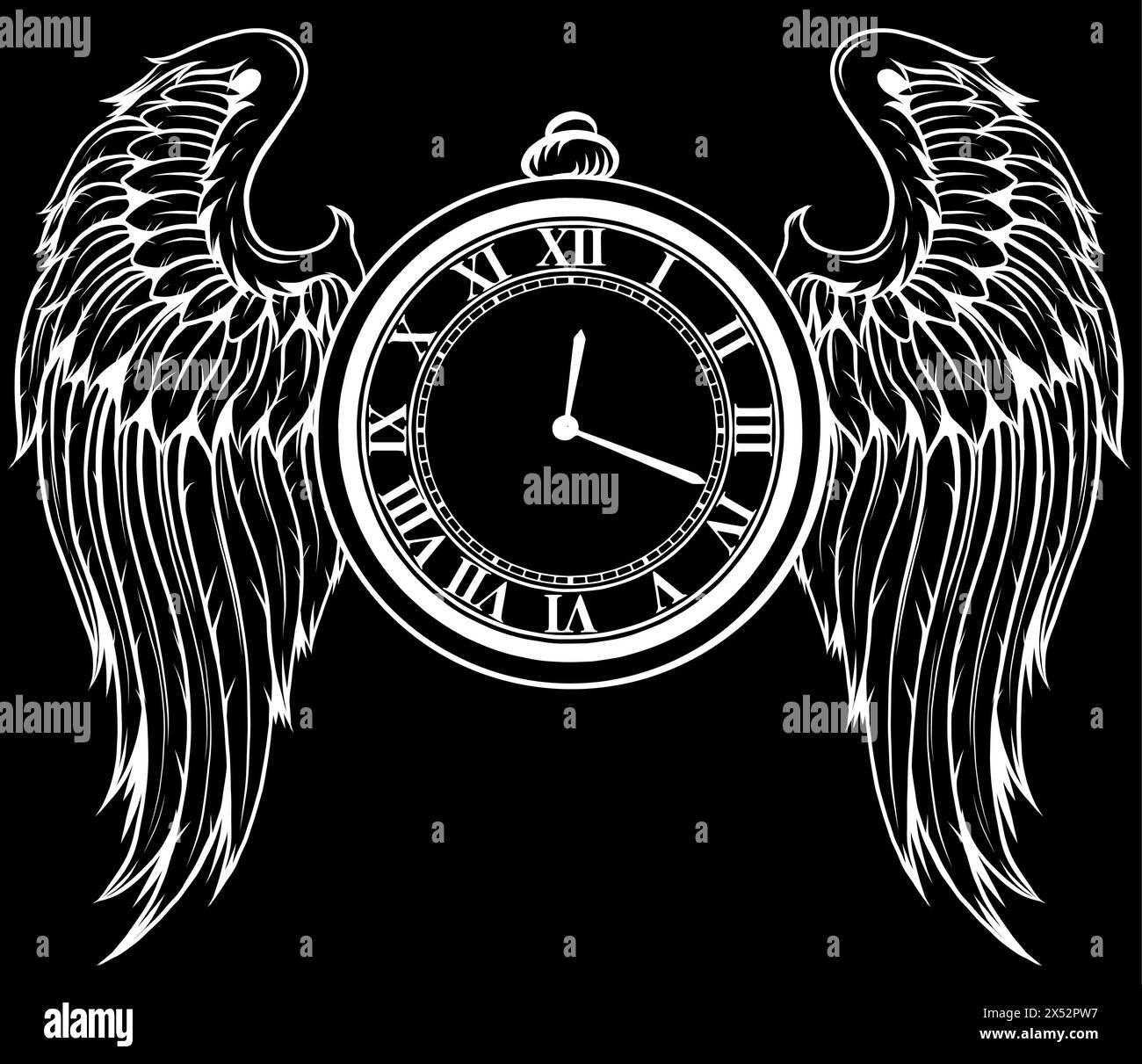 white silhouette of golden clock with wings on black background Stock ...