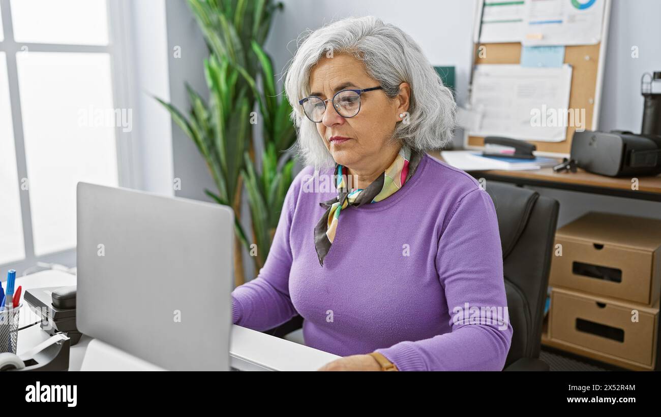 Grey-haired woman working focused at her office desk with laptop ...