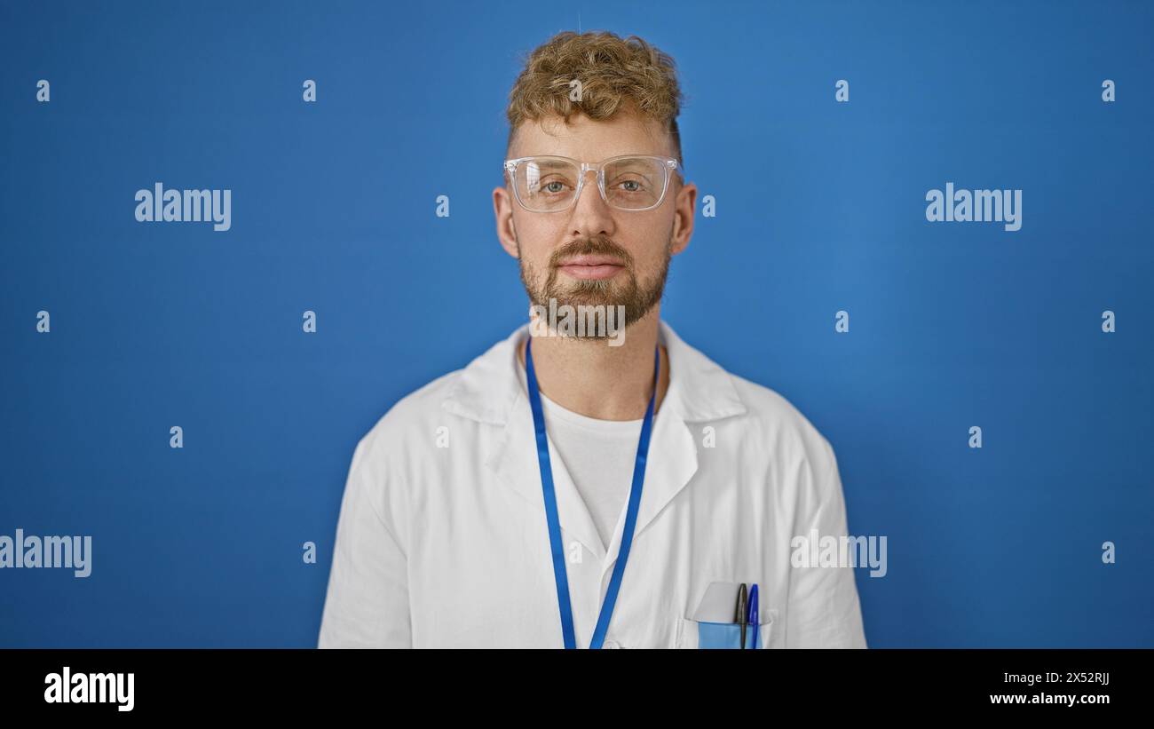 Portrait of a young caucasian man with blue eyes and a beard, wearing ...