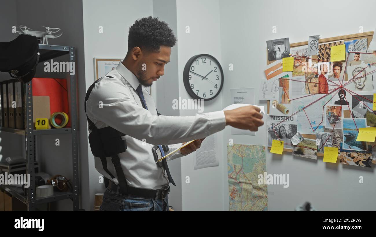 A professional african american man at a detective's office, examining ...