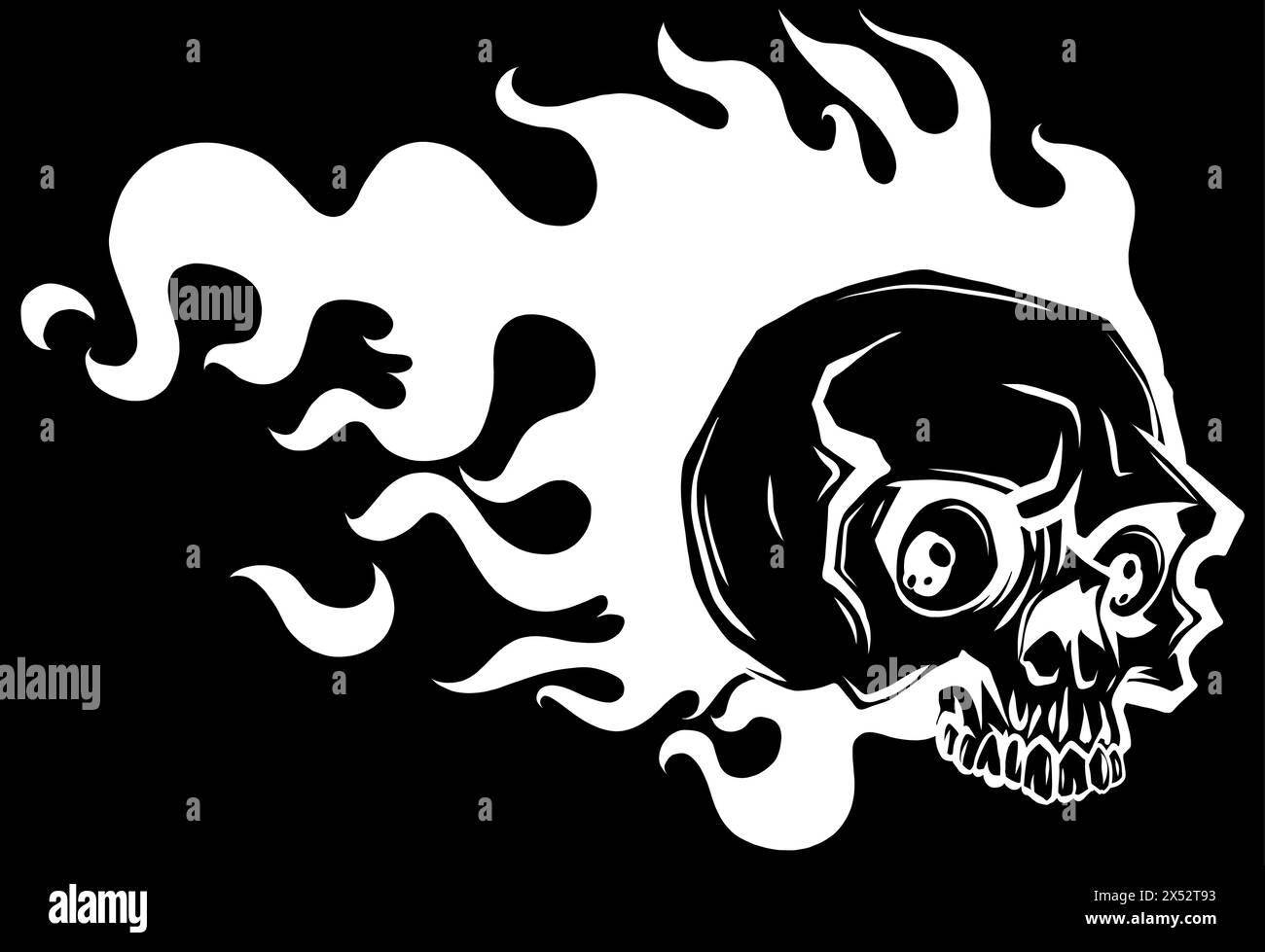 white silhouette of Skull on Fire with Flames on black background ...