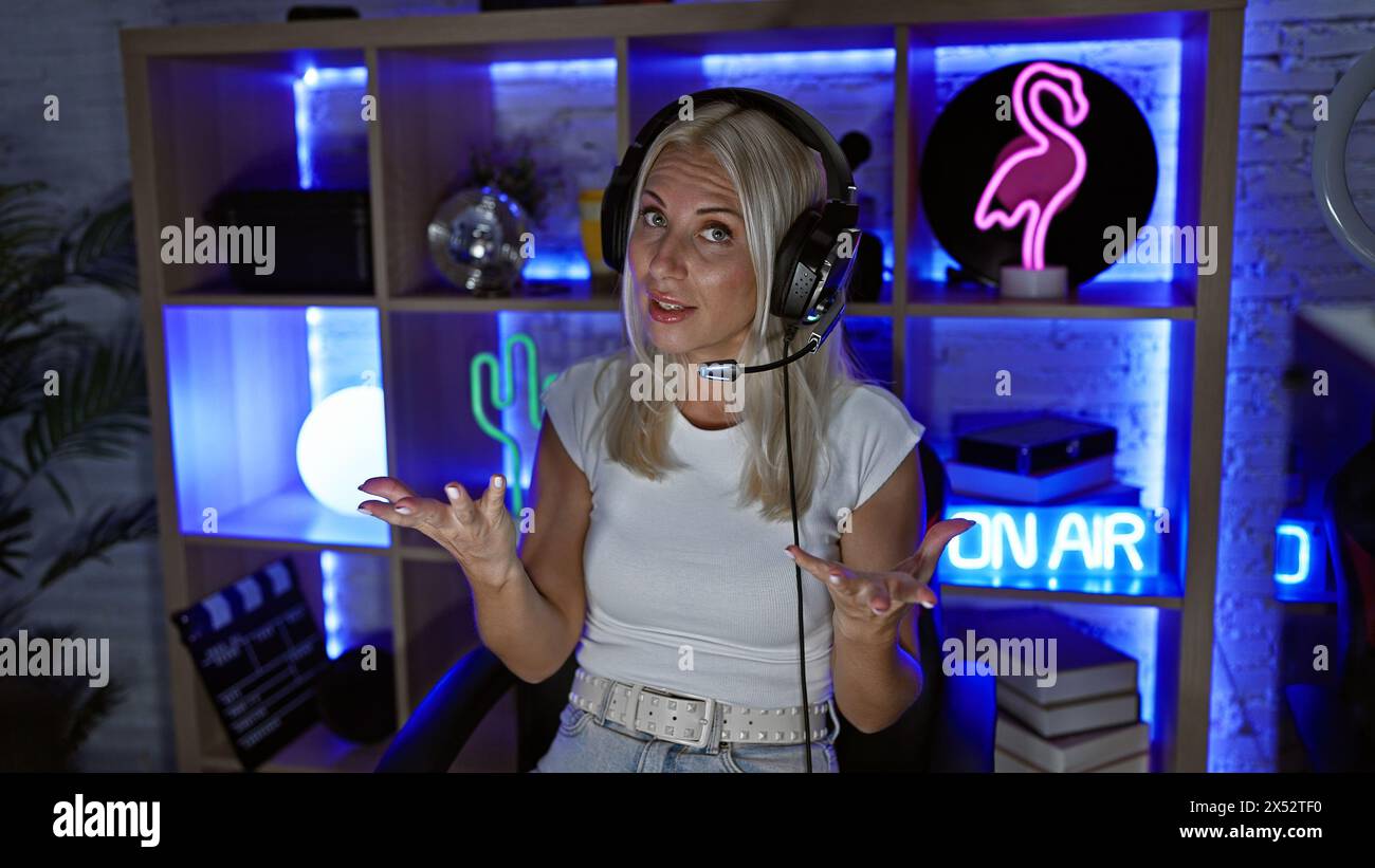 In the heart of a virtual night, a young, attractive blonde woman ...