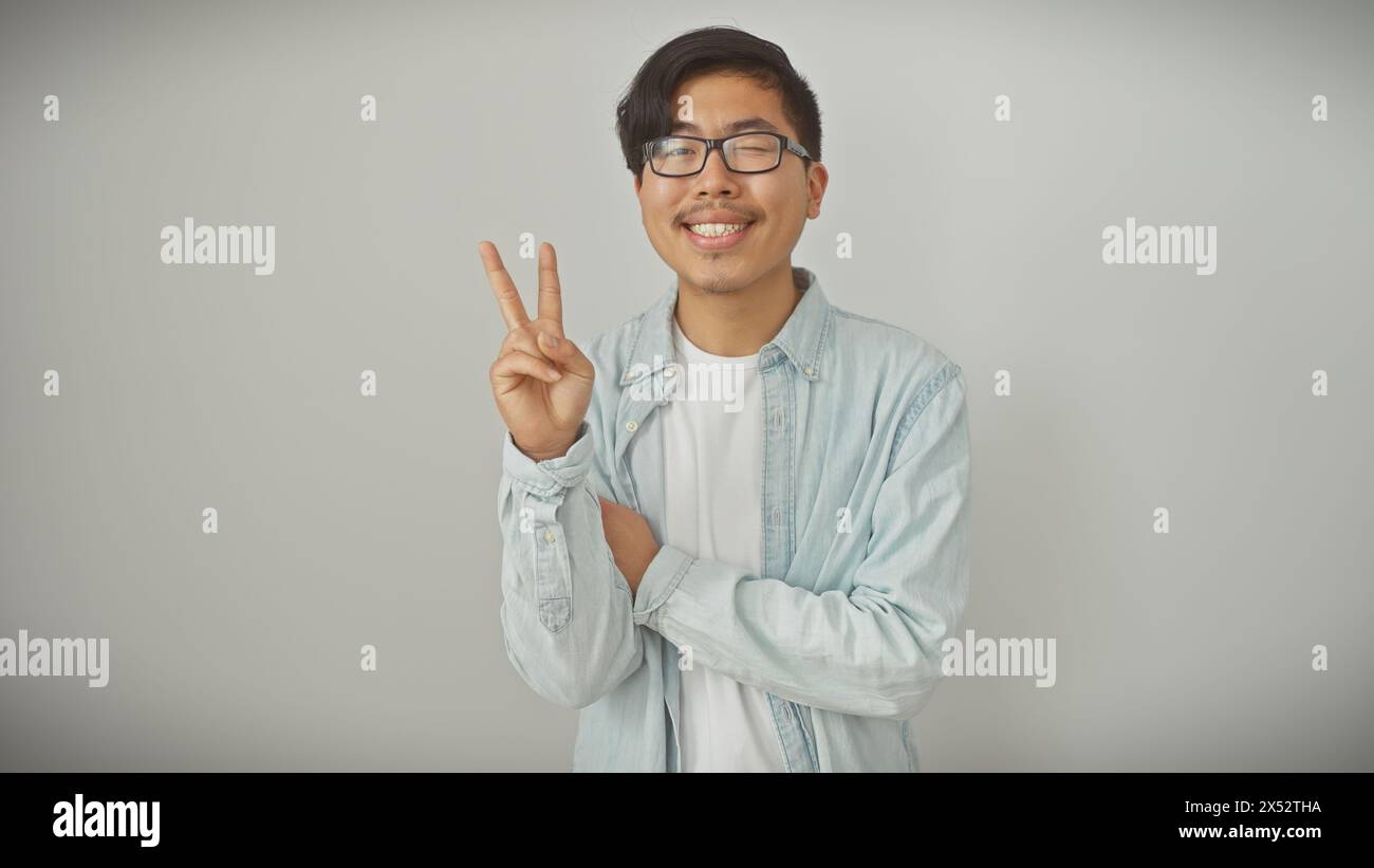 A cheerful young asian man giving a peace sign with a white isolated ...