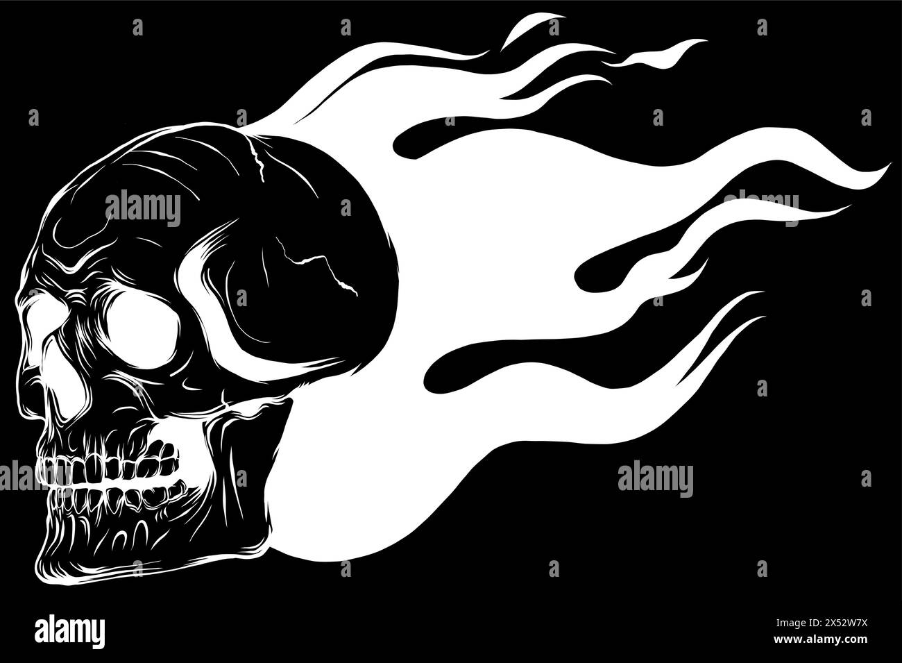 white silhouette of Skull on Fire with Flames on black background ...