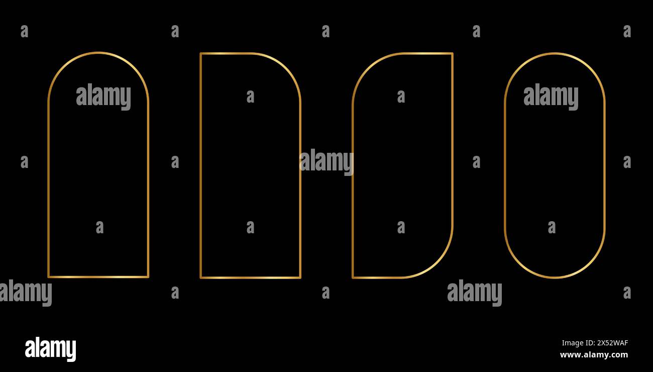 Set of golden arch, semiarch, double arch and leaf frames. Elegant gold ...
