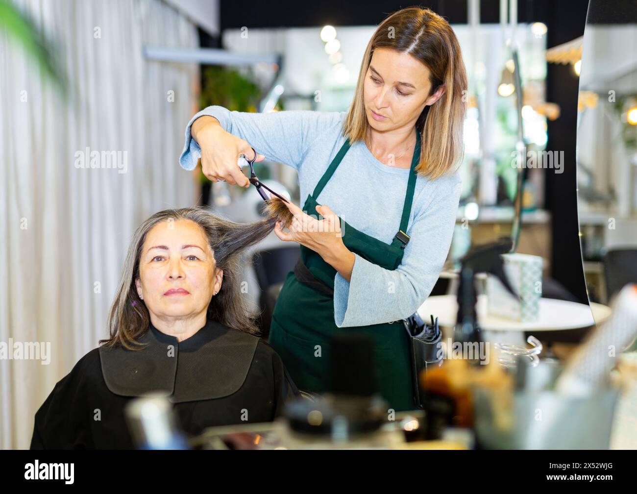 Woman hair stylist making haircut to elderly female client Stock Photo ...