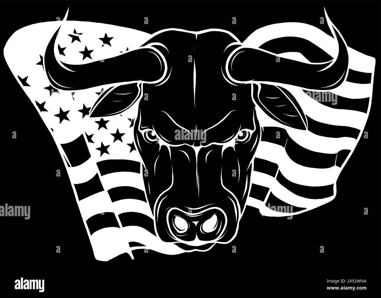 white silhouette of head of bull with american flag on black background ...