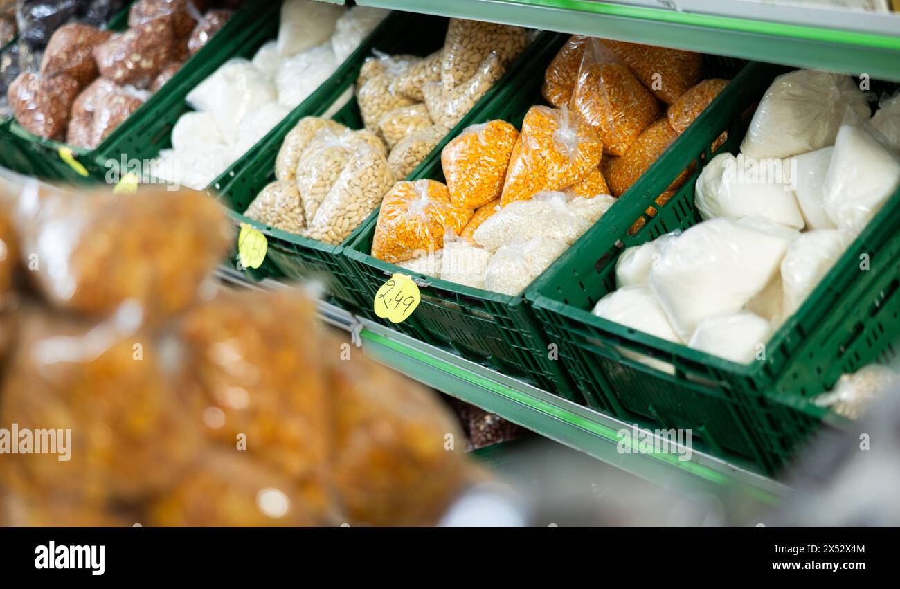 Various loose products packed in plastic bags and placed in boxes in ...