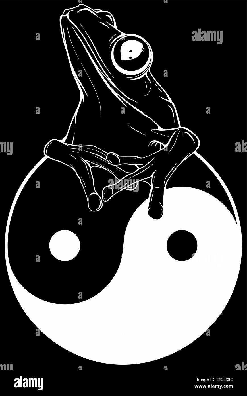 white silhouette of Ying yang symbol under the frog on black background ...