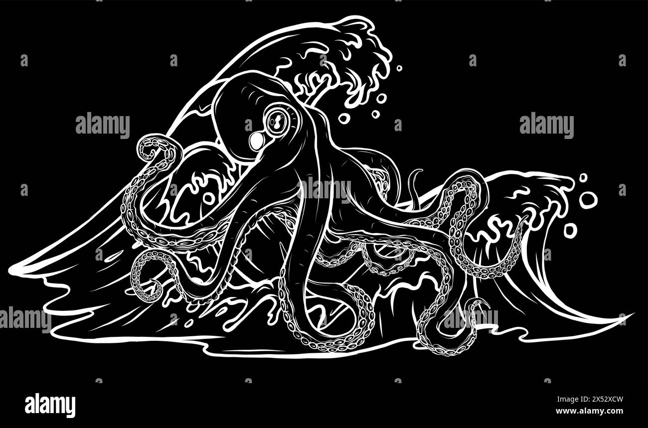 white silhouette of cartoon octopus with sea wave on black background ...