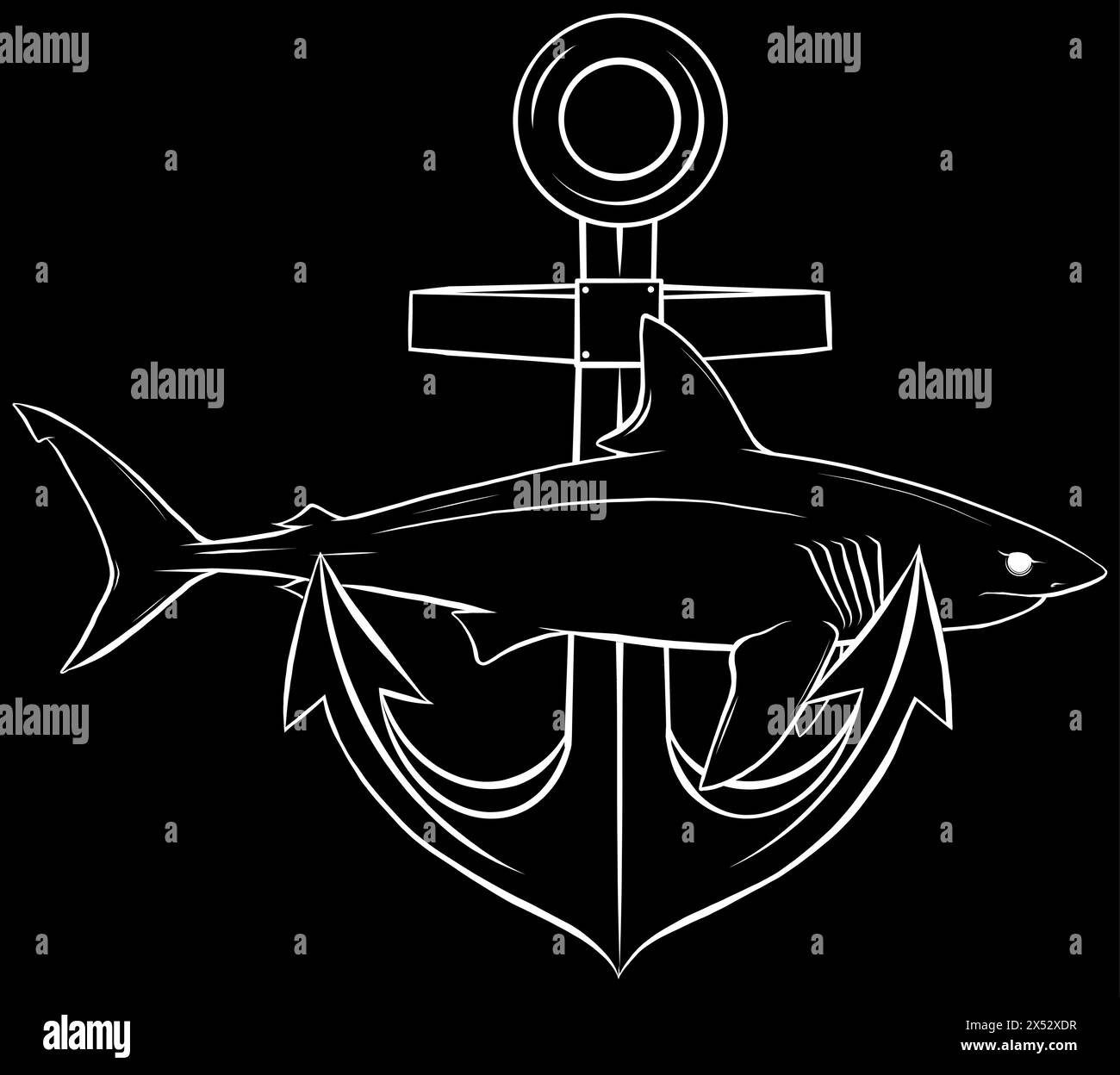 white silhouette of shark around anchor on black background Stock ...