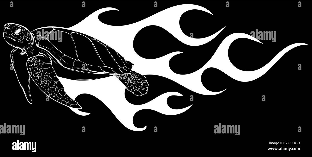 white silhouette of Fast turtles in flame set. Funny racing tortoise ...