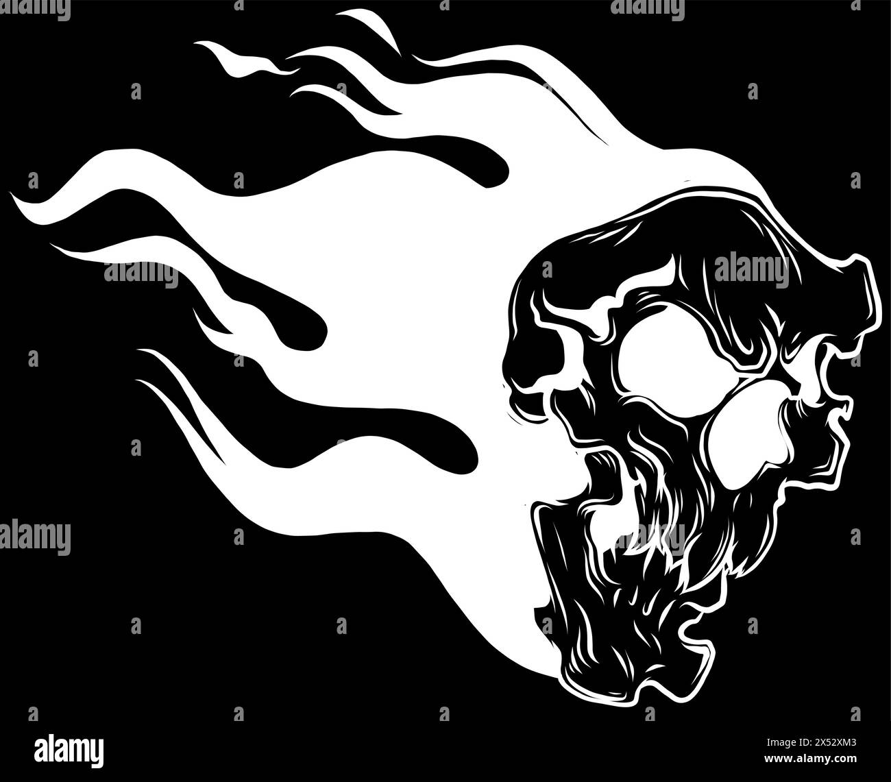 white silhouette of Burning skull with flame hair on black background ...