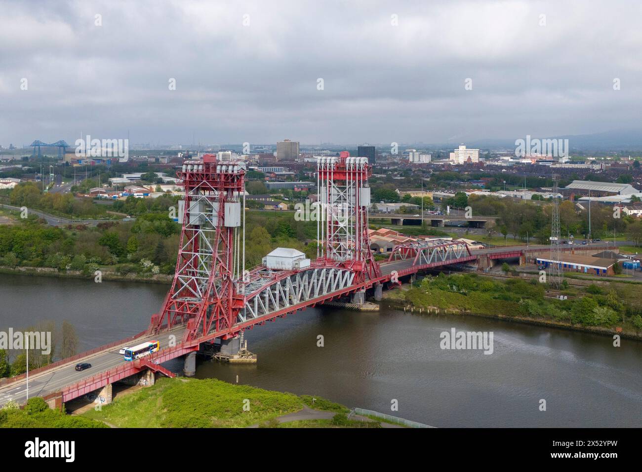 An aerial view of the Tees Newport Bridge is a vertical-lift bridge ...
