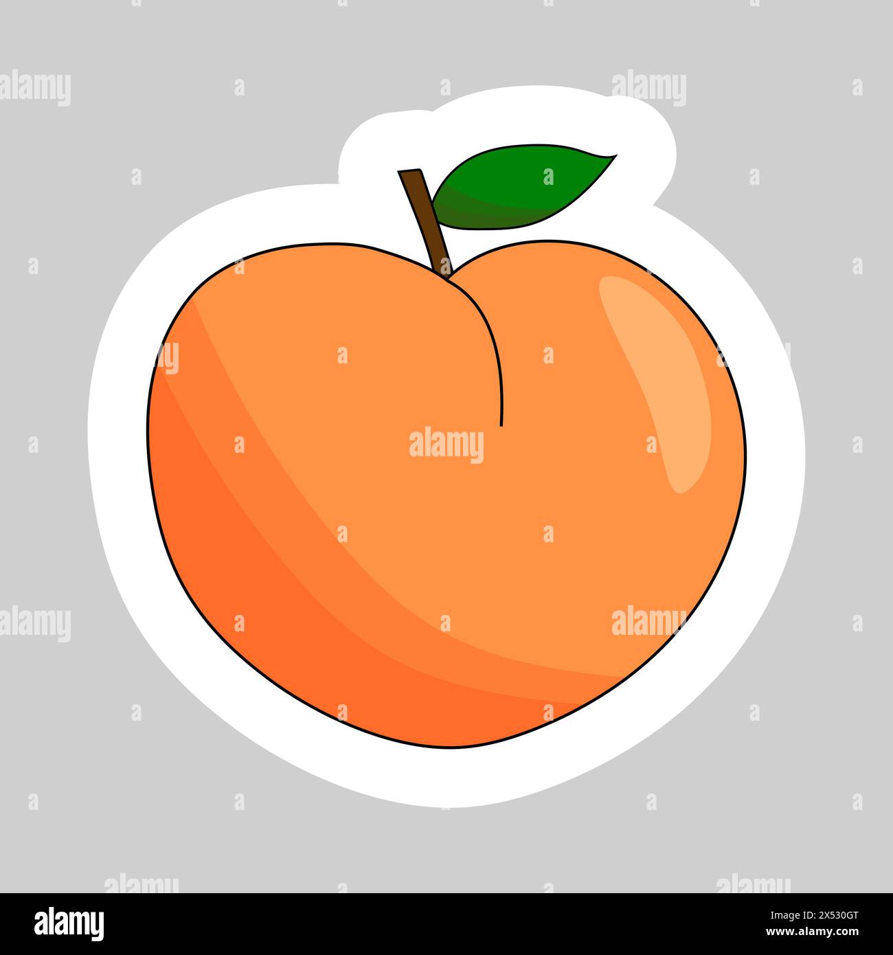 Sticker with ripe peach fruit with leaf, cartoon style summer fruit ...