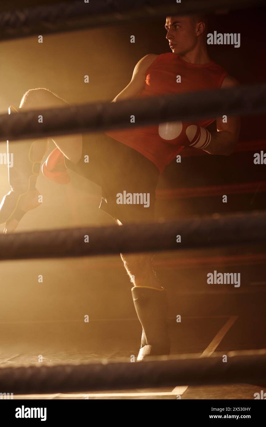 Young active man standing against light and smoke on boxing ring and ...