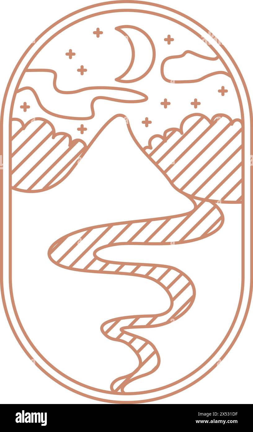 Nature brown outline boho logo. Night mountain, river, moon, landscape ...