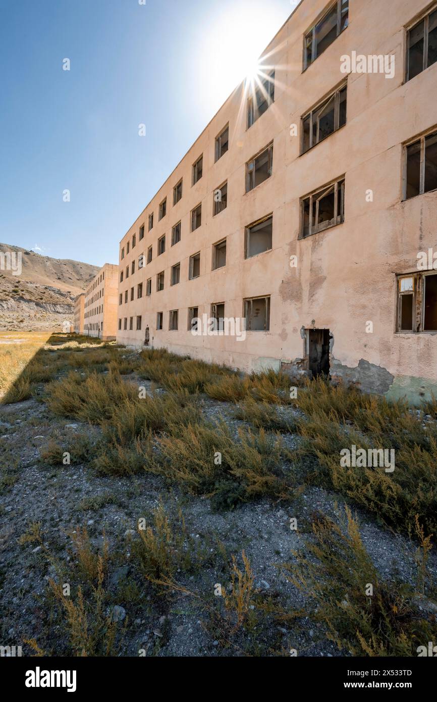 Abandoned destroyed residential building, Sun Star, old Soviet ...