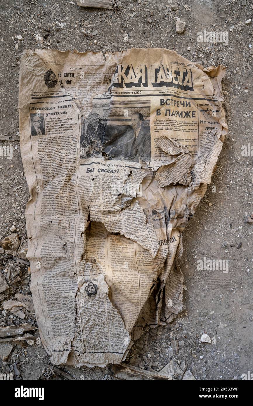 Remains of an old Kyrgyz newspaper from 1924 with Cyrillic writing in ...