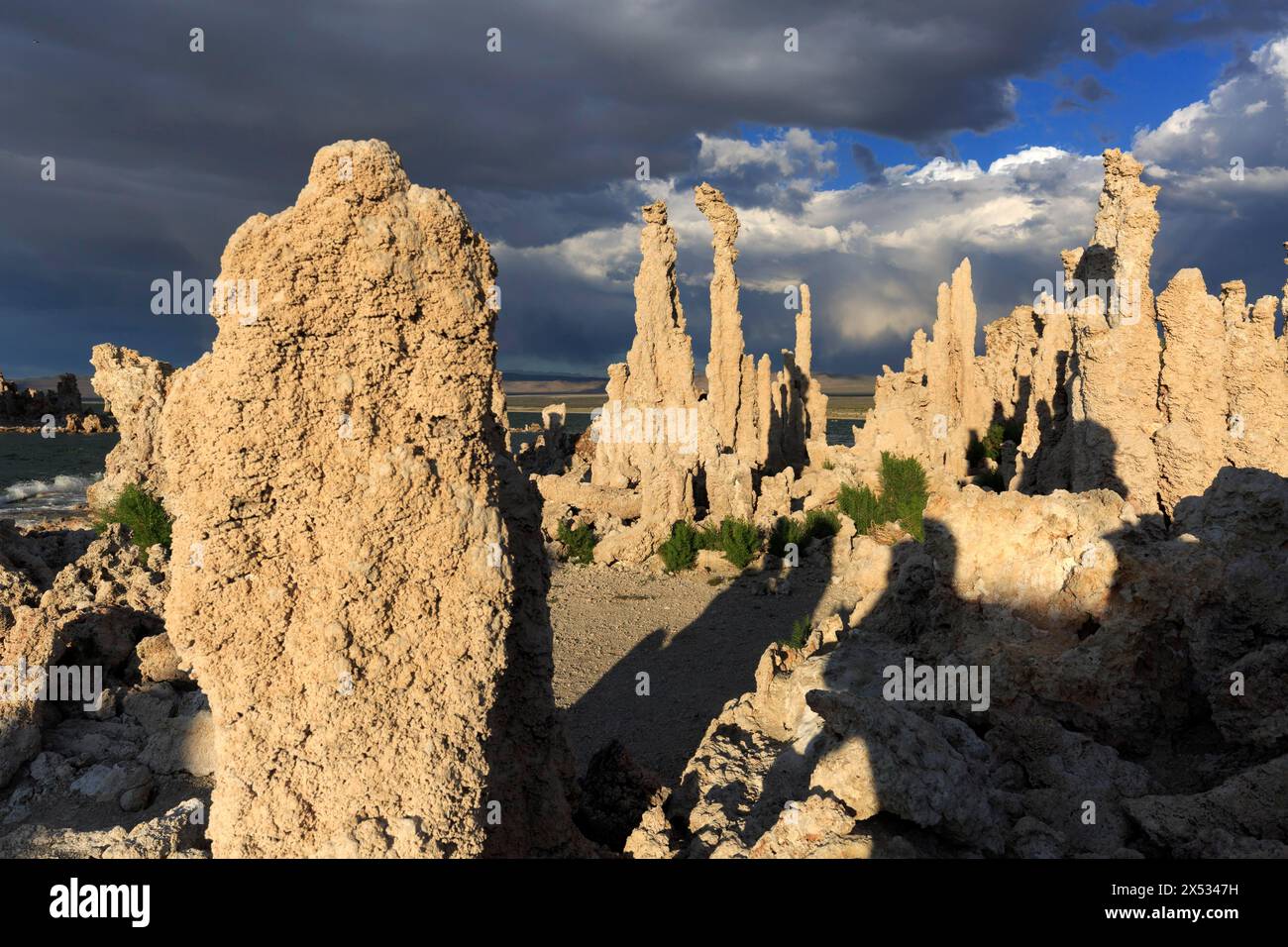 Large tufa columns under a dramatic sky with shadows, Mono Lake, North ...