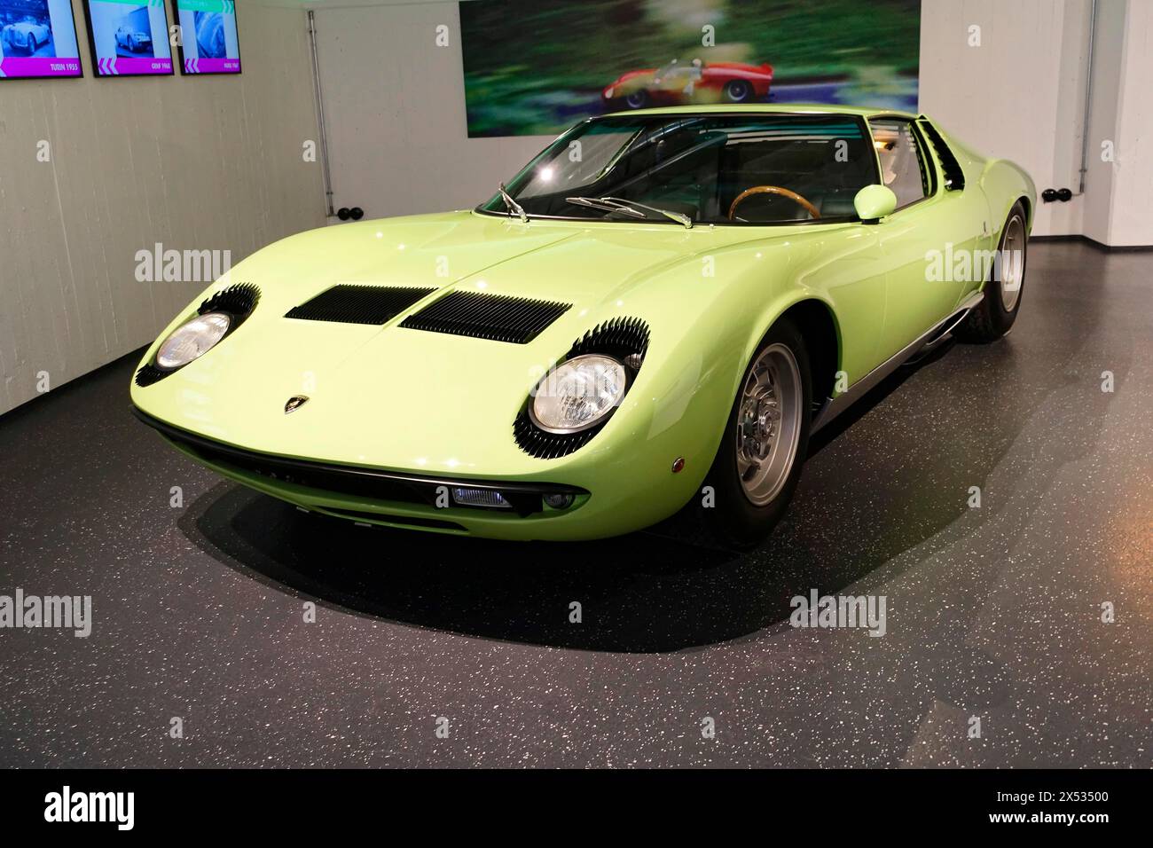 Lamborghini Miura P400, in light green colour, a classic sports car in ...