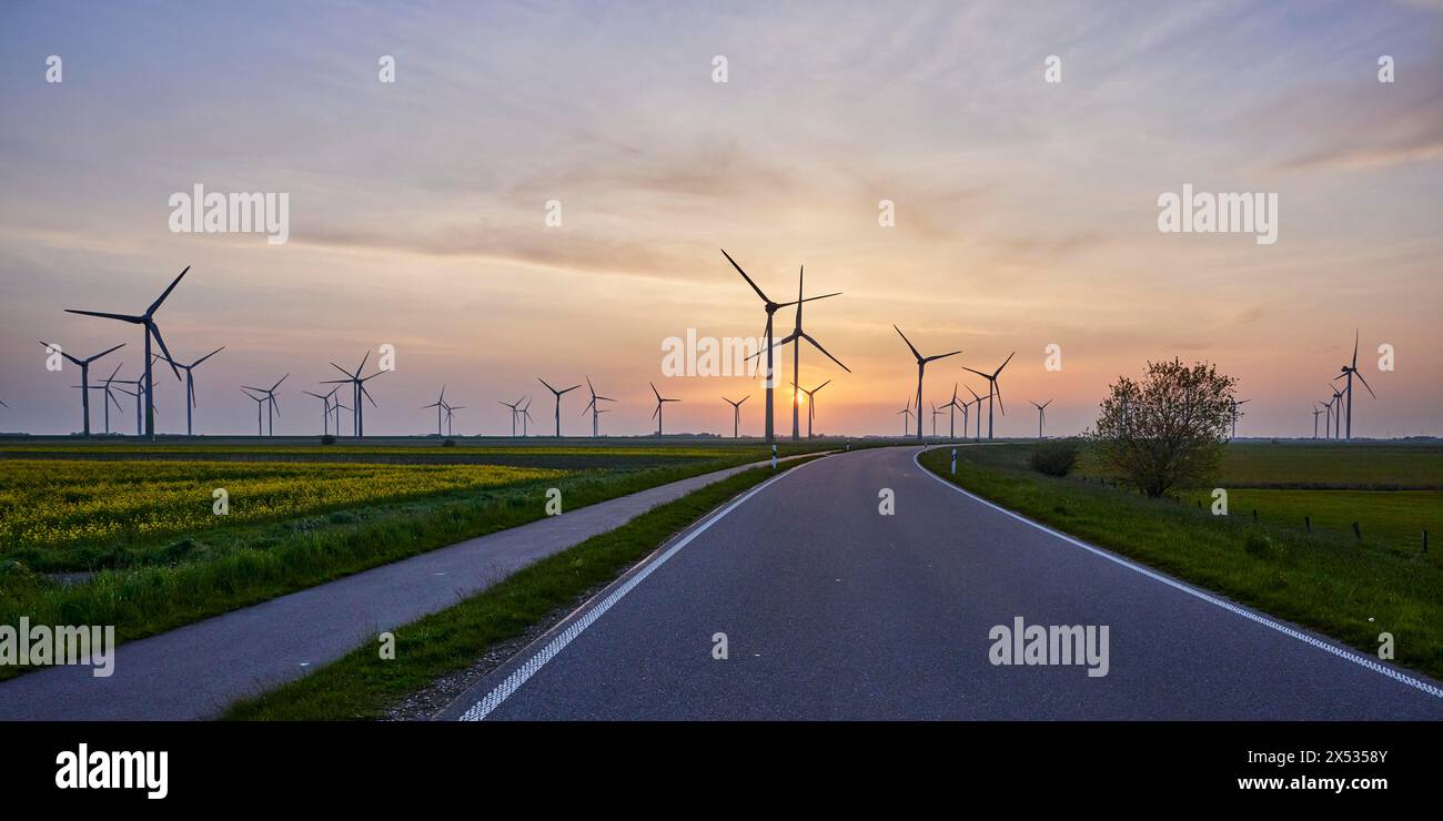 Wind turbines with country road and cycle path in front of setting sun ...