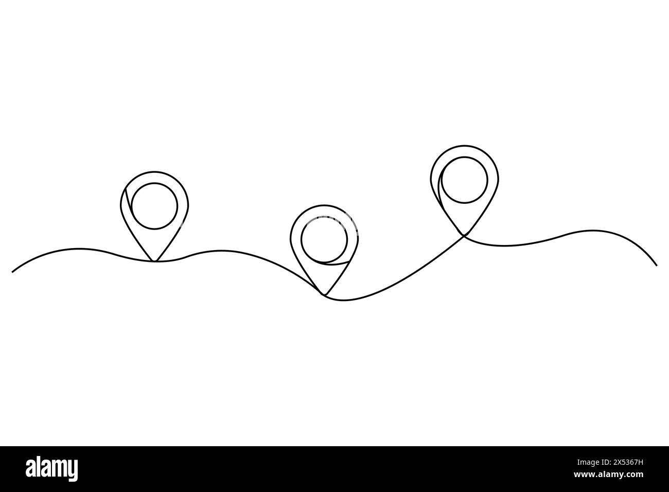 Minimalist location pins vector. Continuous line drawing. Navigation route illustration. Map ...