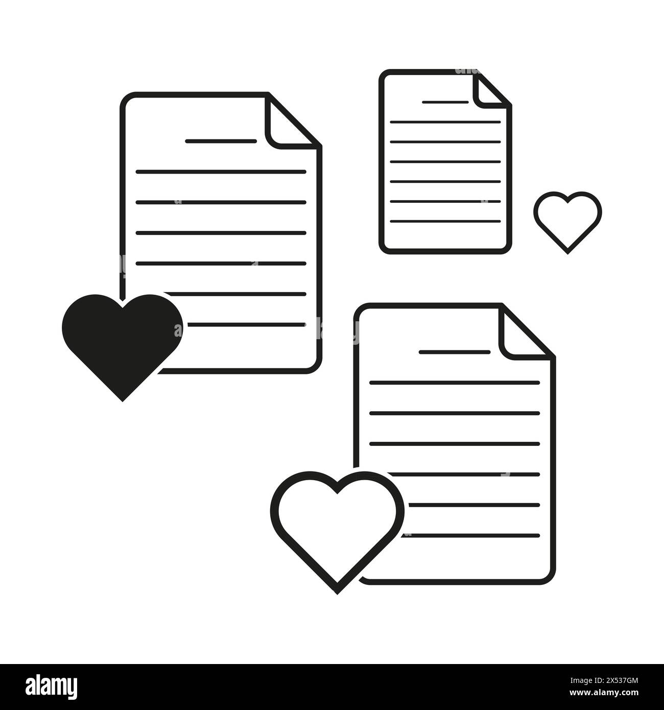 Love letters and hearts icon set. Romantic document symbols in black ...
